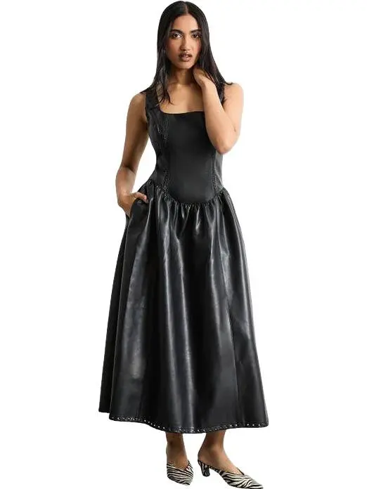 WAREHOUSE Faux Leather Whipstitch Trim Midi Dress - Black