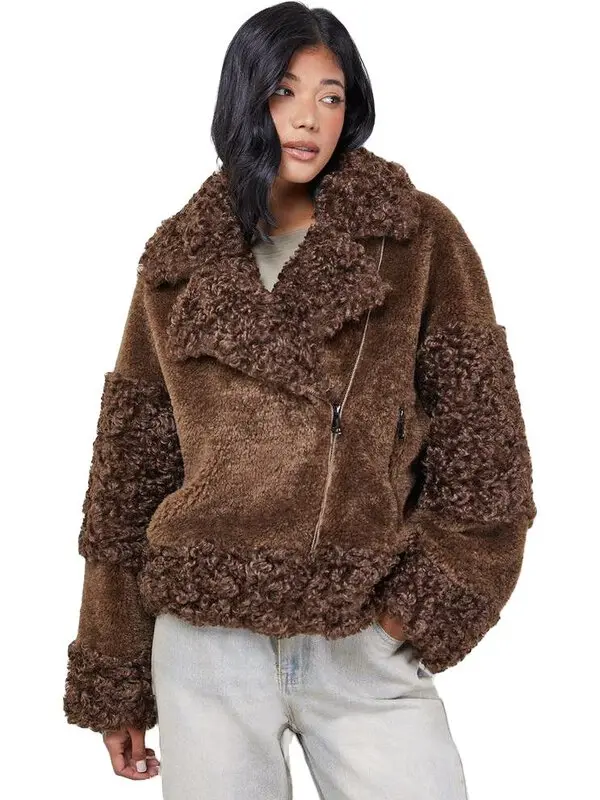 WAREHOUSE Faux Fur Mix Zip Through Jacket - Chocolate