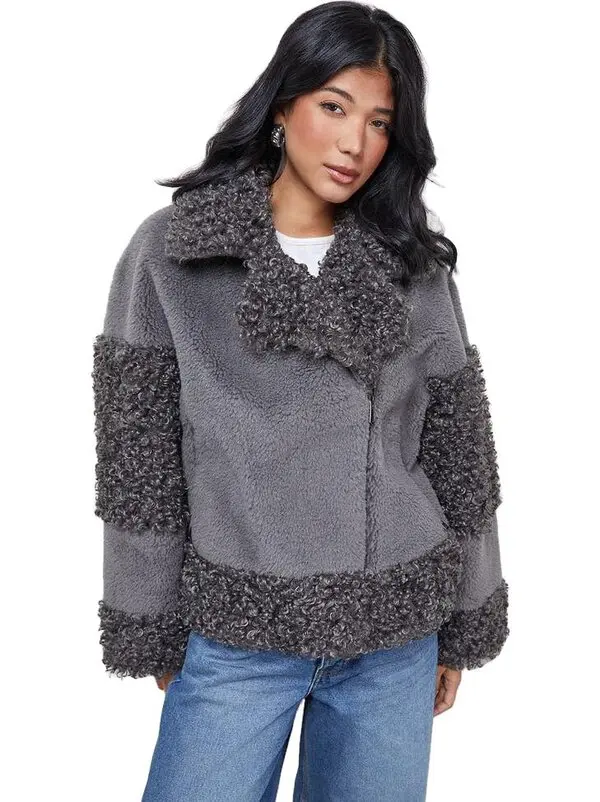 WAREHOUSE Faux Fur Mix Zip Through Jacket - Grey