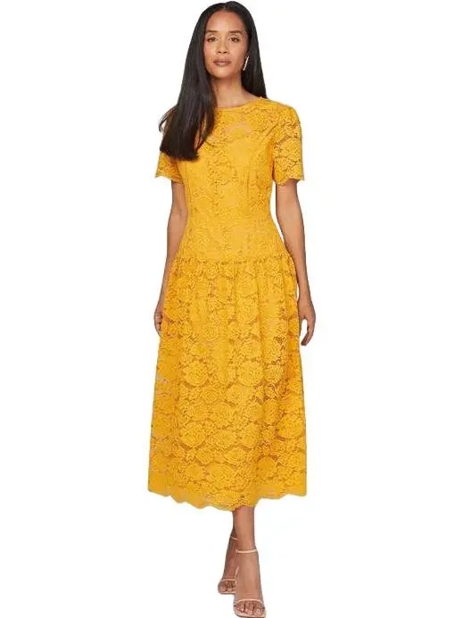 WALLIS Lace Button Detail Drop Hem Midi Dress - Mustard