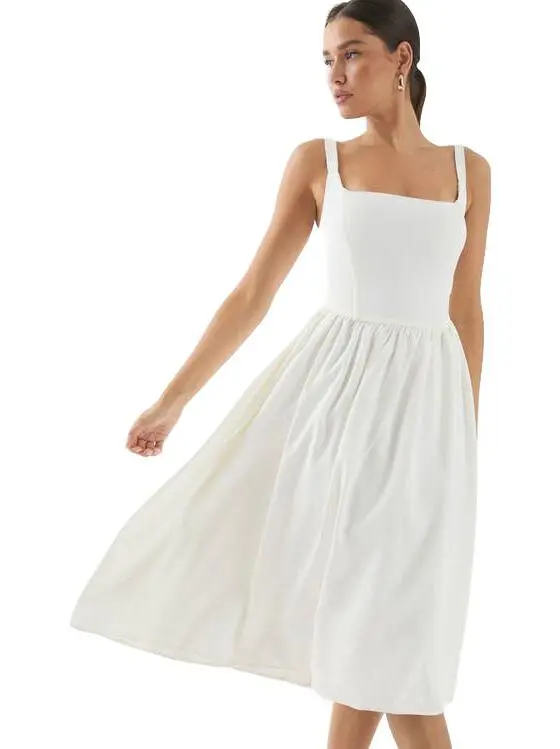 MISSPAP A-line Midi Dress With Square Neck - Ivory