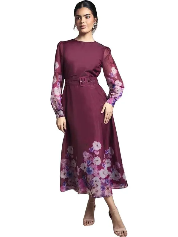 WALLIS Organza Floral Print Belted Midi Dress - Berry