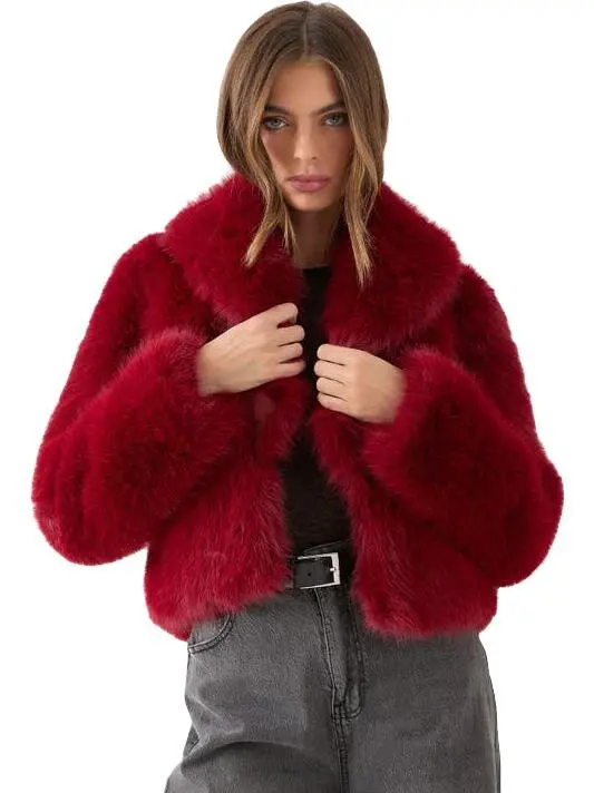 MISSPAP Faux Fur Cropped Coat With Collar - Red