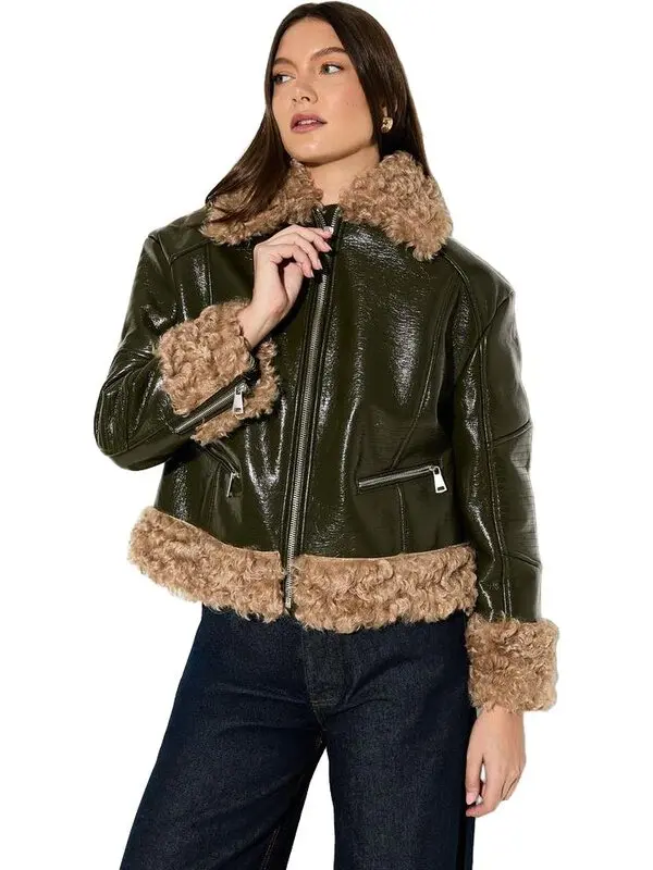MISSPAP Faux Fur Collar Aviator Jacket - Olive