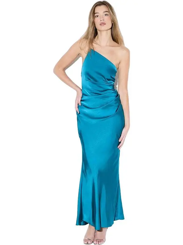 MISSPAP Satin Asymmetric Maxi Dress - Teal