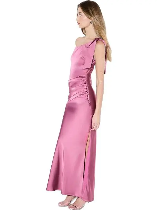 MISSPAP Asymmetrical Bow Detail One Shoulder Maxi Dress - Berry
