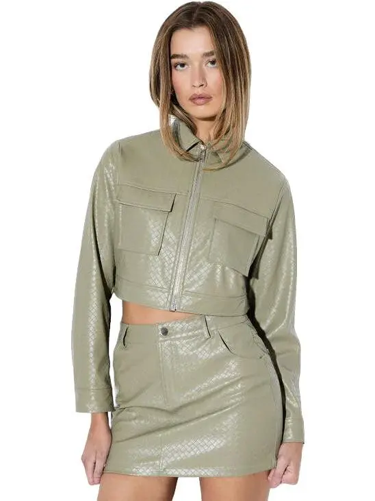 MISSPAP Woven Detail Faux Leather Cropped Jacket - Olive