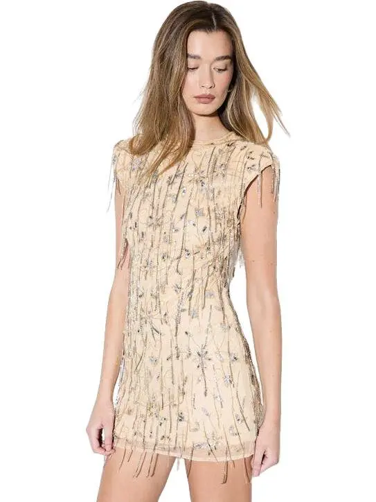 MISSPAP Embellished Beaded Mini Dress - Nude