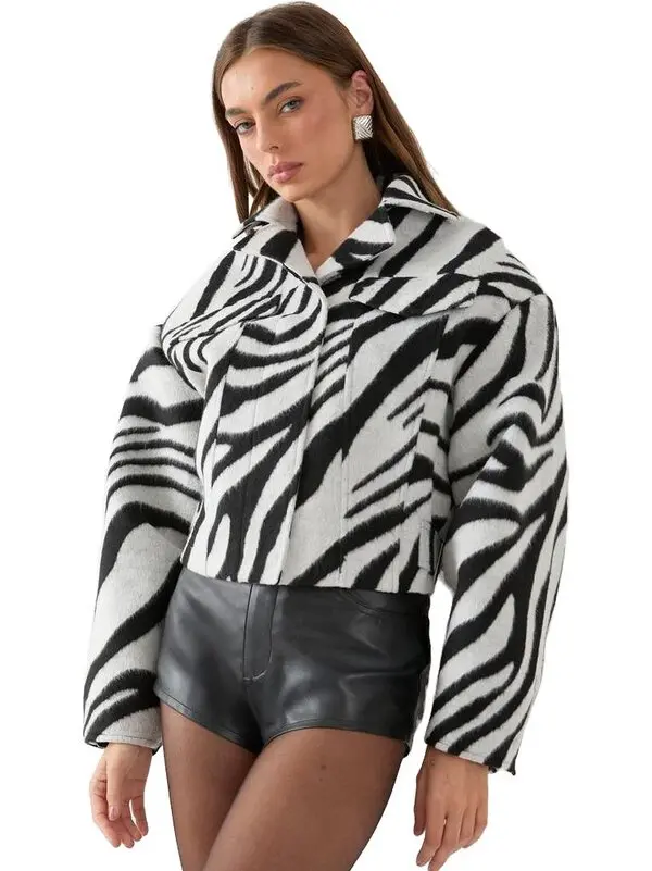 MISSPAP Zebra Cropped Collared Jacket - Mono