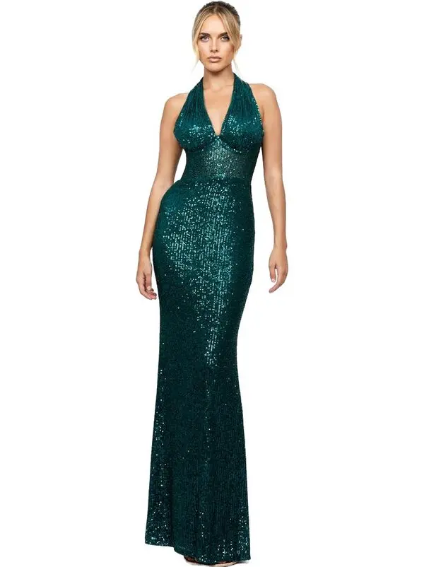 BARIANO Shaylyn Sequin Halter Gown - Emerald