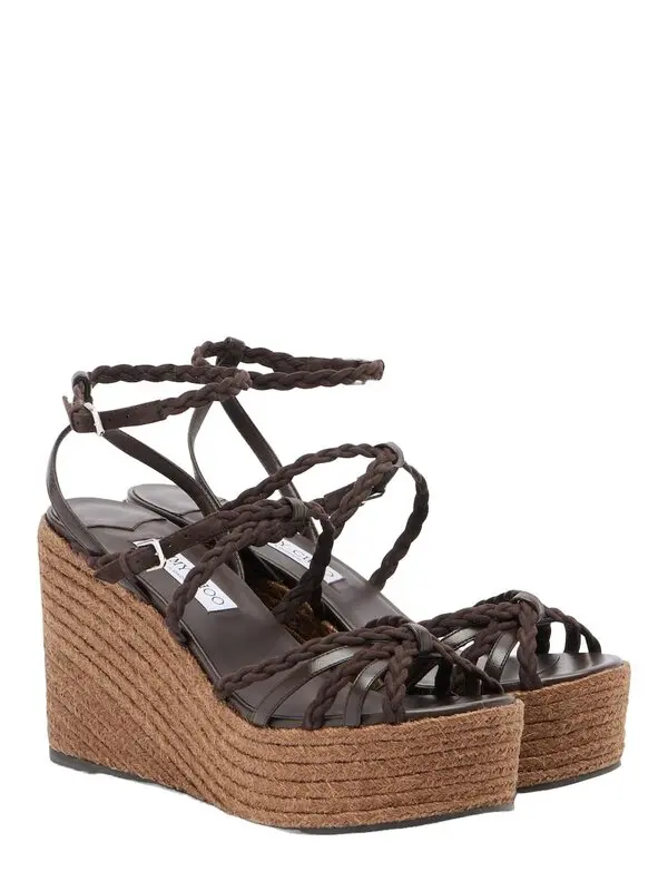JIMMY CHOO Nyra Braided Leather Espadrille Wedges - Brown