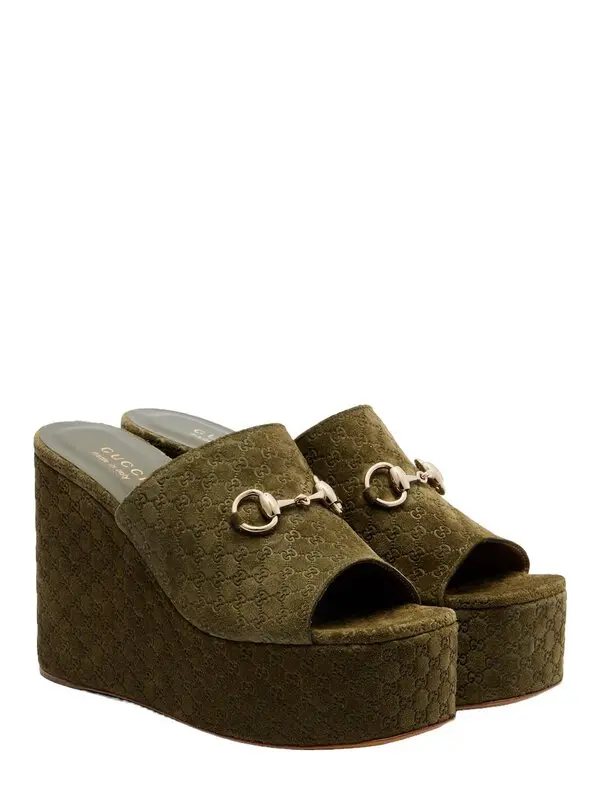 Gucci Horsebit Gg Suede Wedge Mules - Green