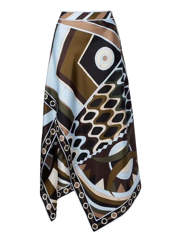 Emilio Pucci Vivara Asymmetric Silk Twill Midi Skirt - Multicoloured