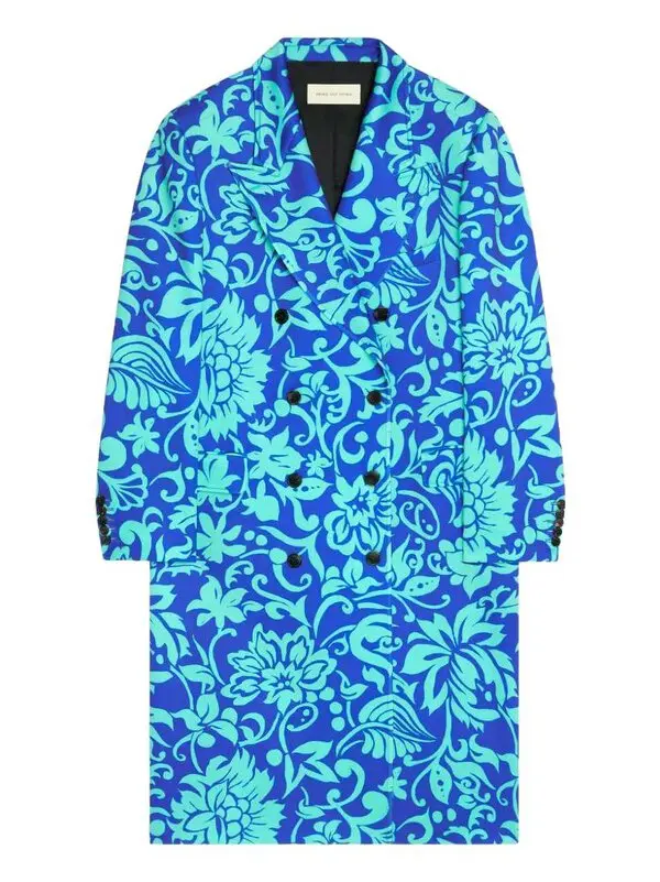 Dries Van Noten Floral Print Double-breasted Coat - Blue