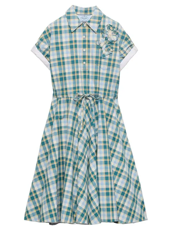 Prada Embroidered Checked Cotton Dress - Neutral