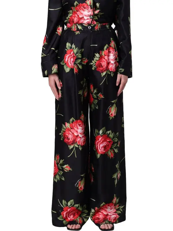 Dolce & Gabbana Wide Leg Floral Trousers - Black