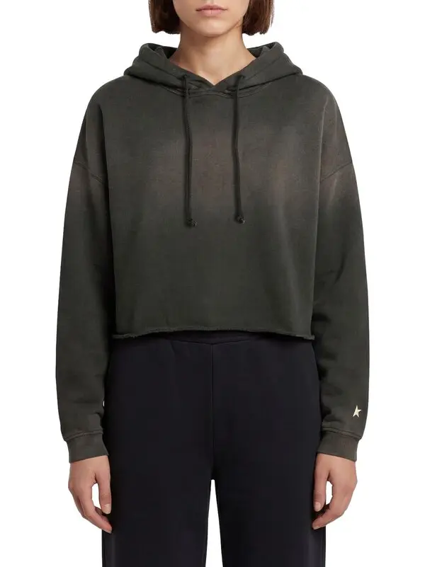 GOLDEN GOOSE Cropped Cotton Hoodie With Back Logo Print - Charcoal