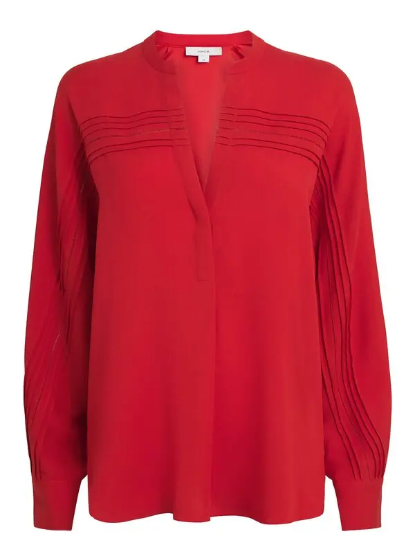 Vince Pintuck Satin Half-placket Blouse - Red