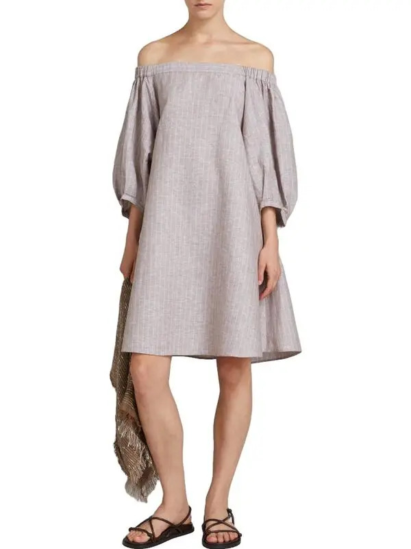MM BY MAX MARA Fuggito Off The Shoulder Linen Blend Shift Dress - Hazelnut Brown