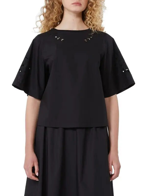 Max Mara Targa Eyelet Cotton Poplin & Jersey Crop Top - Black