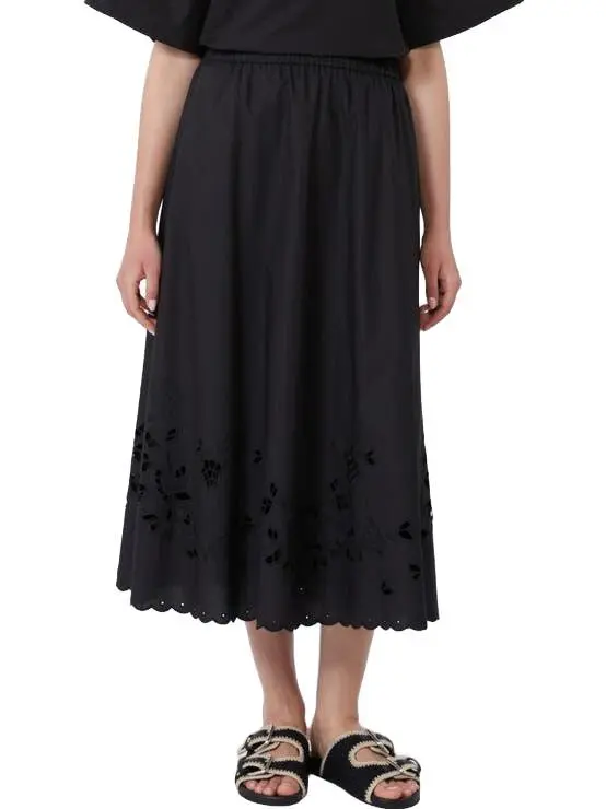 Max Mara Caravan Scalloped Eyelet Cotton Poplin Midi Skirt - Black