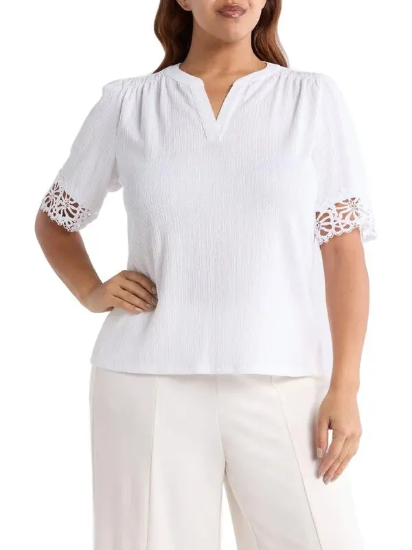 Anne Klein Crepe Lace Trim Top - Crisp White