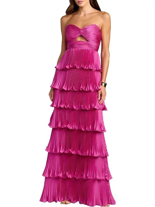 Mac Duggal Pleated Charmeuse Strapless Tiered Ruffle Gown - Fuchsia