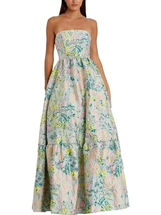 Mac Duggal Floral Brocade Strapless A-line Gown - Pastel Multi