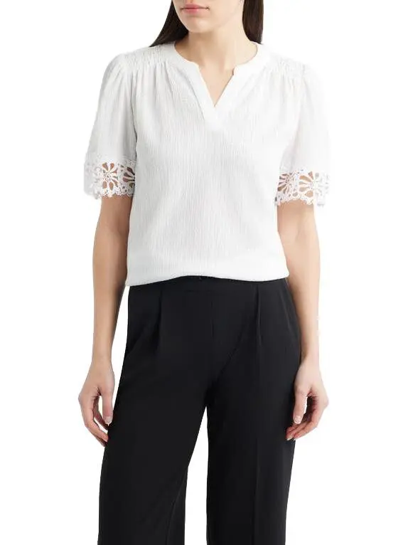 Anne Klein Lace Trim Crinkle Top - Crisp White