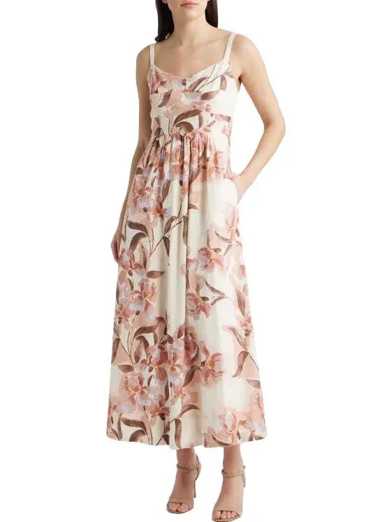 Parker Seamed Linen Blend Midi Sundress - Sepia Rose