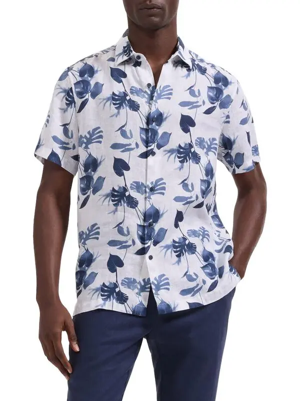 Bugatchi Orson Shaped Fit Leaf Print Short Sleeve Button-up Shirt - Navy