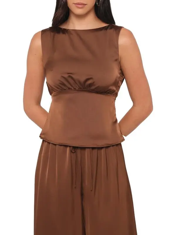 PETAL & PUP Wynn Strappy Cowl Back Satin Top - Chocolate