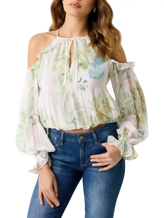 Guess Emily Floral Cold Shoulder Top - Garden Lilies Print