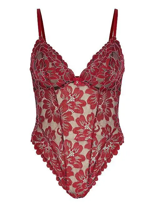 SAVAGE X FENTY Floral Underwired Corded Lace Teddy - Red Cognac