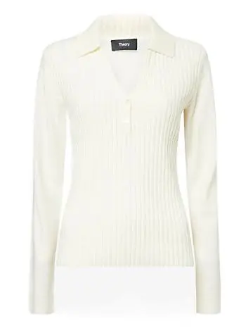 Theory Polo-collar Ribbed Wool Jumper - New Ivory