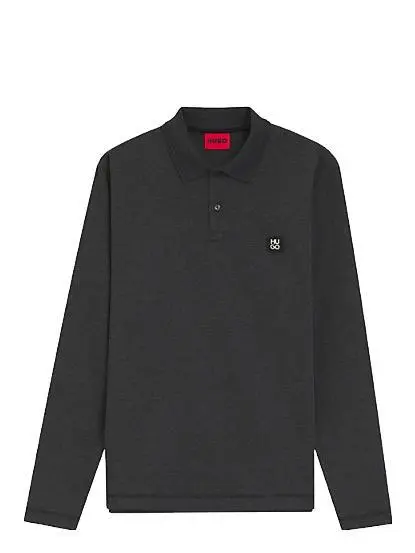 Hugo Stacked Logo-appliqué Long-sleeved Stretch-woven Polo Shirt Xxl - Medium Grey