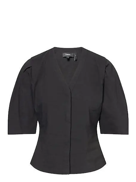 Theory Linen Round-sleeve Top - Black