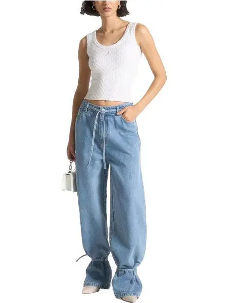 Manière De Voir Faye Wide Leg Mid Rise Jeans With Tie Waist - Mid Blue