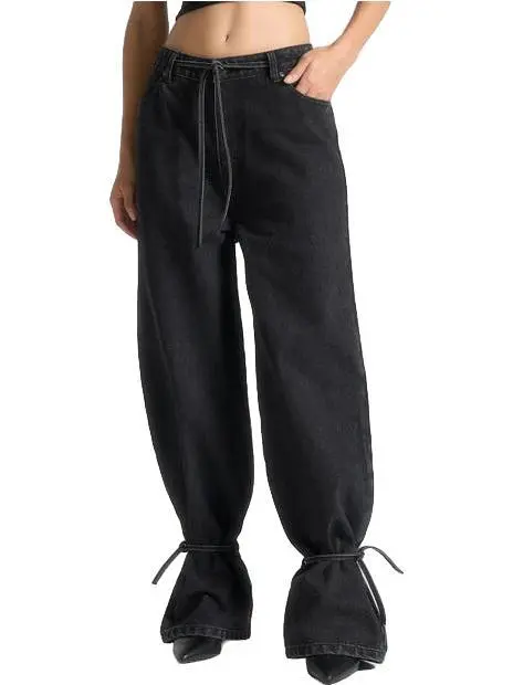 Manière De Voir Faye Wide Mid Rise Jeans With Tie Waist - Washed Black