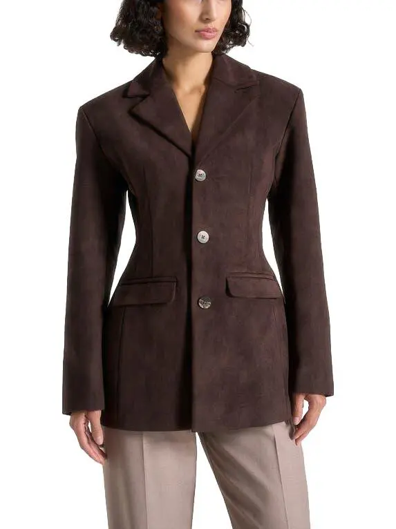Manière De Voir Claire Suede Wide Shoulder Cinch Waist Blazer - Brown