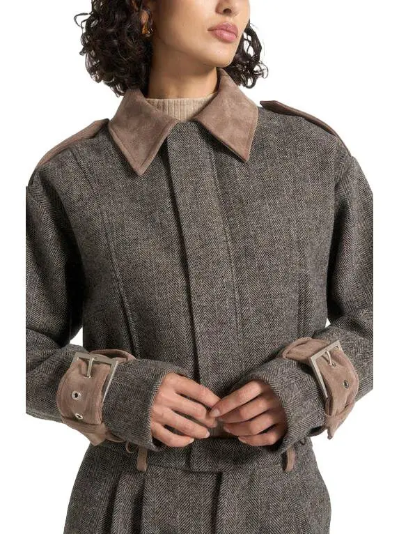 Manière De Voir Galia Herringbone And Suede Bungee Hem Jacket - Grey