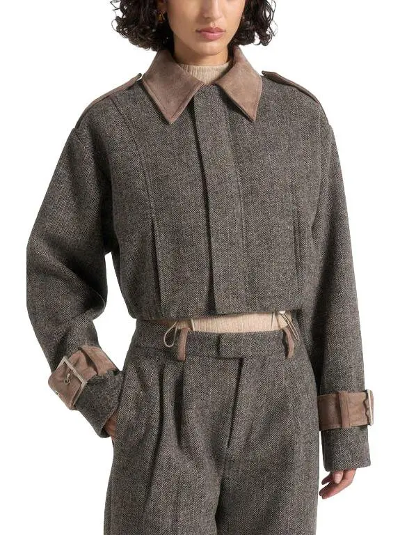 Manière De Voir Galia Herringbone And Suede Bungee Hem Jacket - Grey