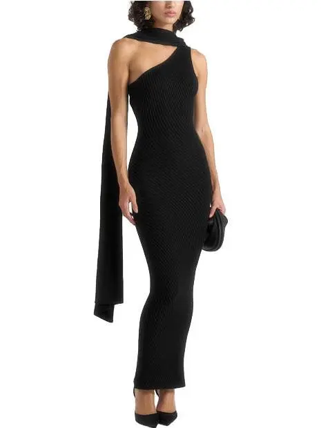 Manière De Voir Asymmetric Knit Midaxi Dress With Scarf - Black
