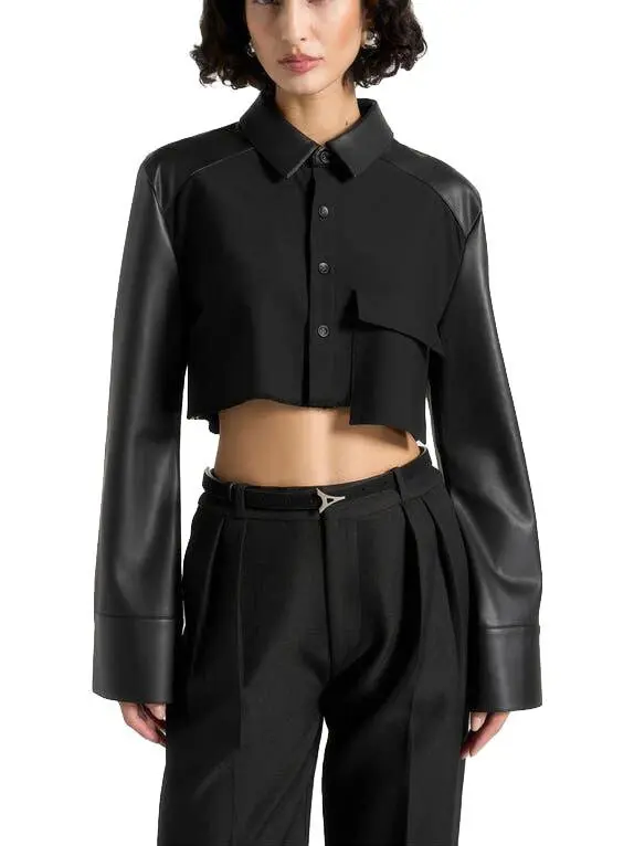 Manière De Voir Bernadette Leather Contrast Cropped Shirt - Black