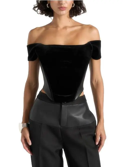 Manière De Voir Fae Velvet & Leather Bardot Corset Top - Black
