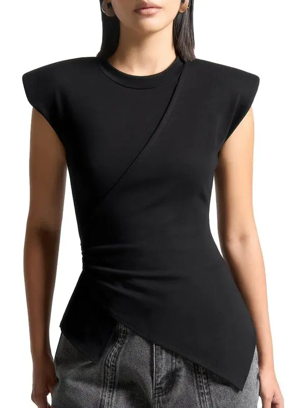 Manière De Voir Wide Shoulder Ruched Waist Top - Black