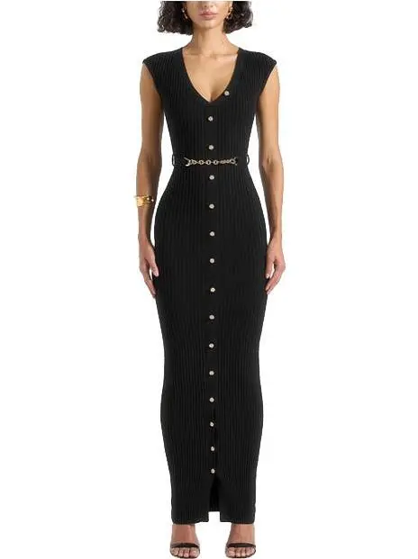 Manière De Voir Helene Knitted Midaxi Dress With Belt - Black
