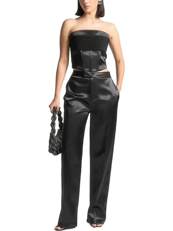 Manière De Voir Cora Satin Pintuck Bandeau Corset Top - Black