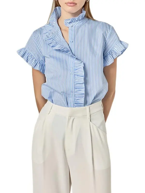 English Factory Stripe Ruffle Button-up Shirt - Powder Blue