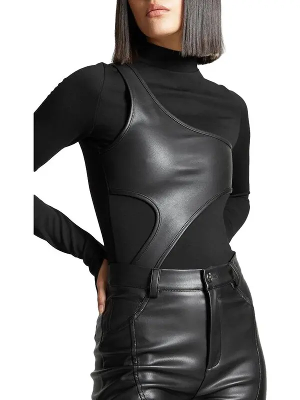 Manière De Voir Leather Overlay High Neck Bodysuit - Black
